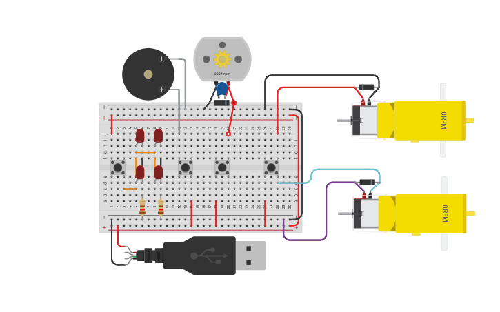 Circuit design Ejemplo N°06.0 - Control de Actuadores con pulsadores - Tinkercad