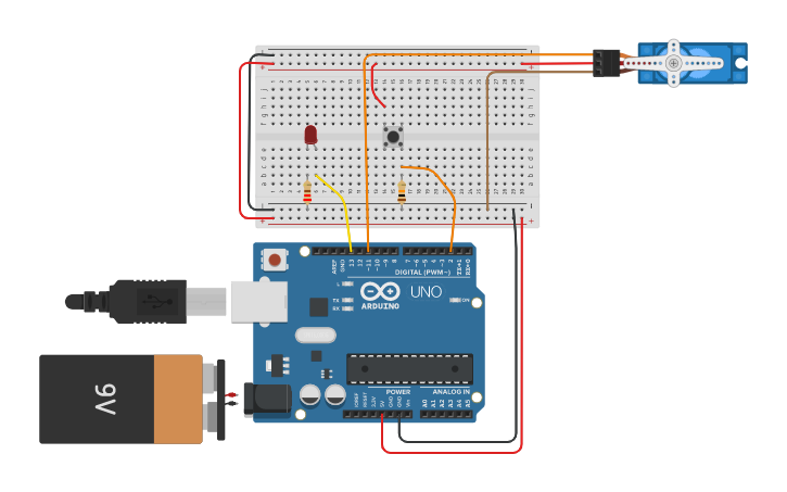 Circuit design Button(LED + Motor) - Tinkercad