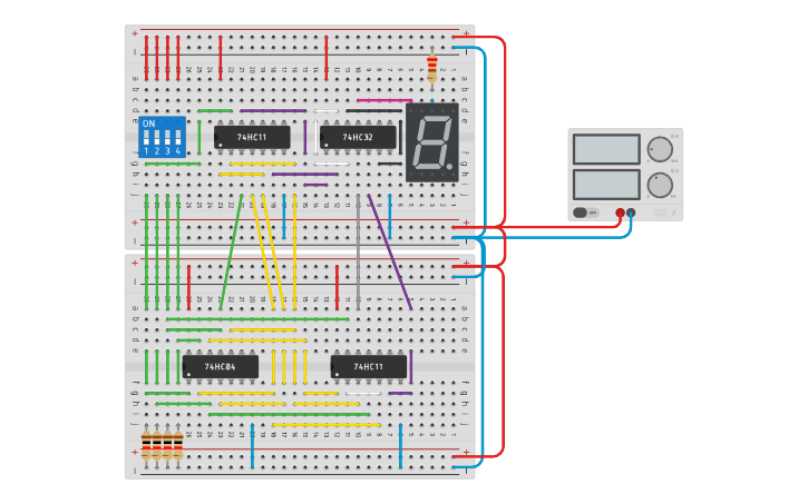 Circuit design 74HC04 | 74HC11 | 74HC32 | DISPLAY 7 - Tinkercad