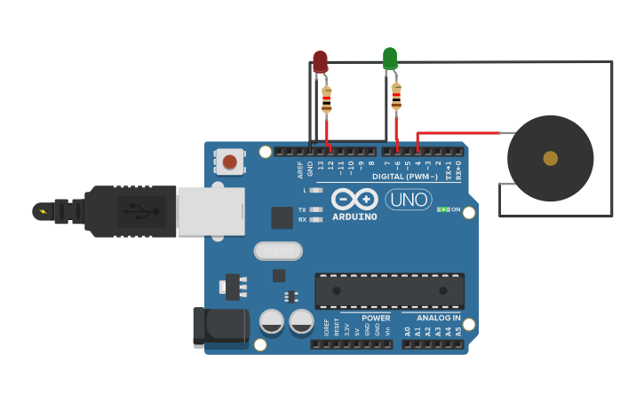 Circuit design LEDs + Buzzer + Code - Tinkercad