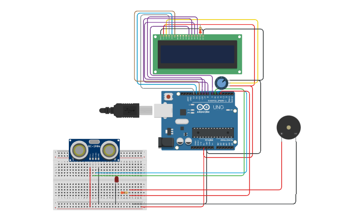 Circuit design Ultrasonic Sensor with LCD Screen and Buzzer Arduino - Tinkercad