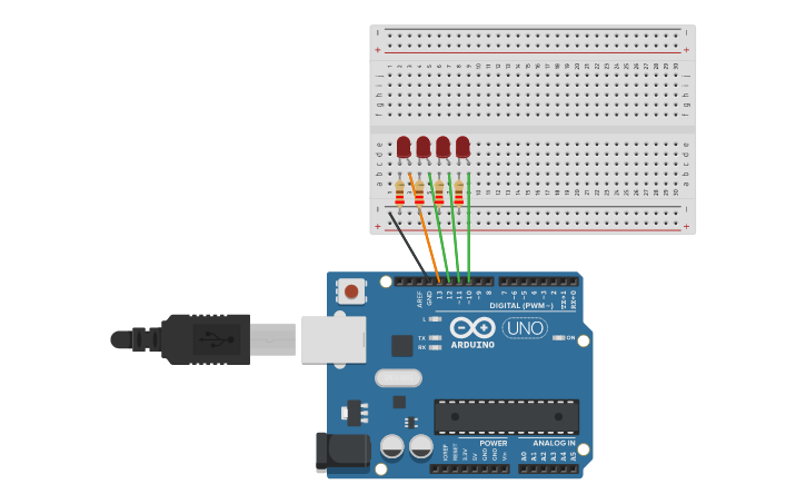 Circuit design Teste arduino 1 (Acender leds) - Tinkercad