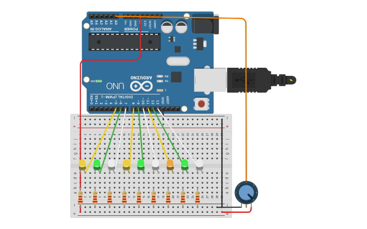 Circuit design SECUENCIA DE LED´S CON POTENCIÓMETROS - Tinkercad