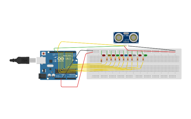 Circuit design led ultrasonic arduino - Tinkercad