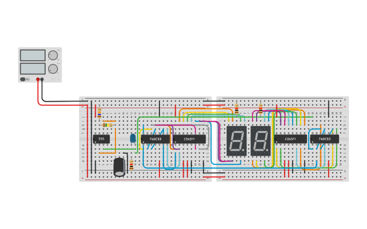 Circuit design contador de 0 a 99 con el uso de 2 display de 7 segmentos - Tinkercad
