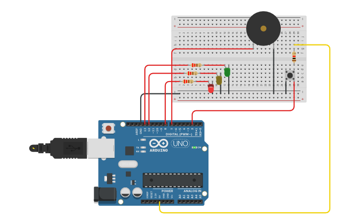 Circuit design Ampel mit Taster (WHILE-Schleife) | Tinkercad