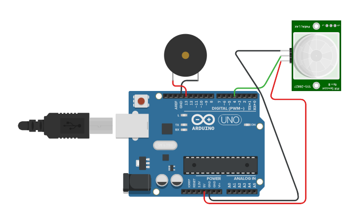 Circuit design Arduino-PIR, BUZZER - Tinkercad
