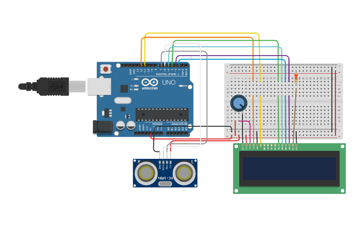 Circuit design Ultrasonic Distance Sensor with LCD - Tinkercad