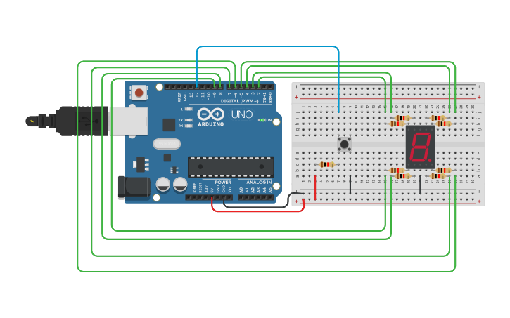 Circuit design Arduíno - Display 7 segmentos - Tinkercad