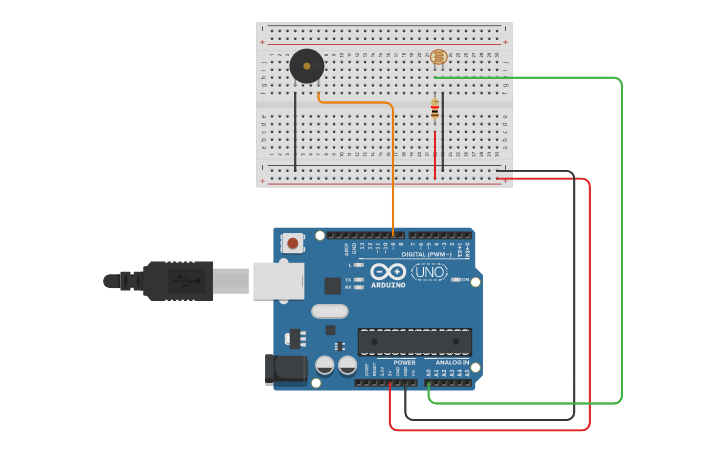 Circuit design 4. Arduino Buzzer e Fotoresistenza | Tinkercad