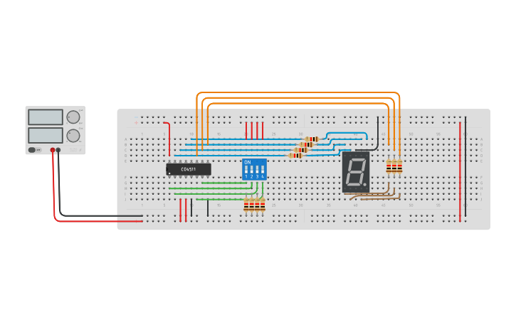 Circuit design Circuito Display de 7 segmentos de 0-9 con DIP X4 - Tinkercad