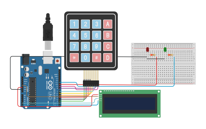 Circuit design using keypad and lcd to make guess game - Tinkercad