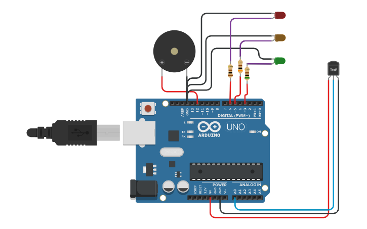 Circuit design LED temperature sensor with an alarm - Tinkercad