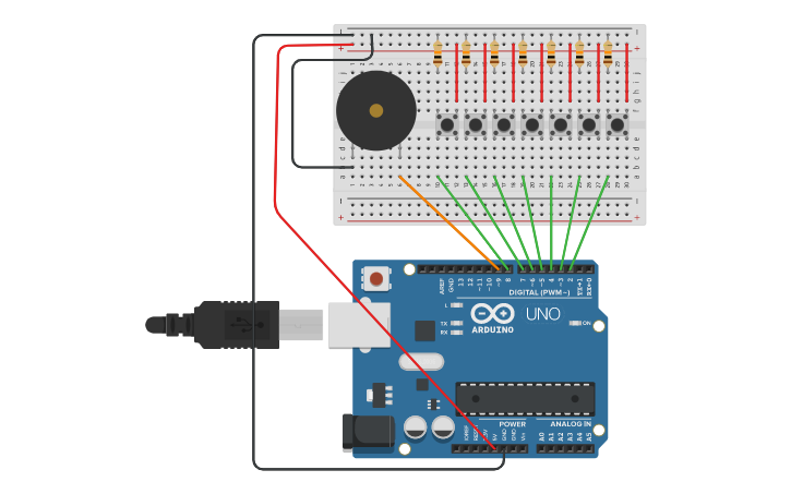 Circuit design Circuito 15: Piano Buzzer | Tinkercad
