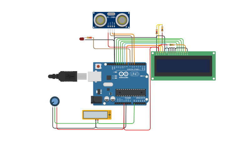Circuit Design Датчик расстояния напряжение светодиод Uart Tinkercad