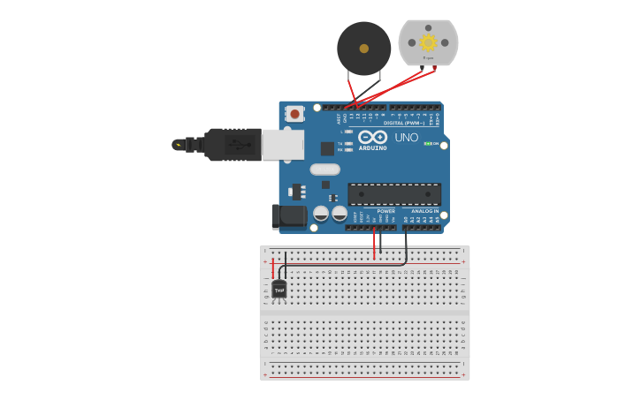 Circuit design temperature measurement and alarm | Tinkercad