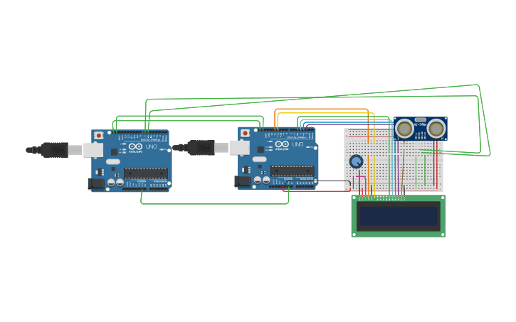 Circuit design Sensor distancia comunicación I2C | Tinkercad