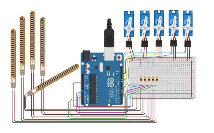 Circuit design Gesture Controlled Robotic arm | Tinkercad