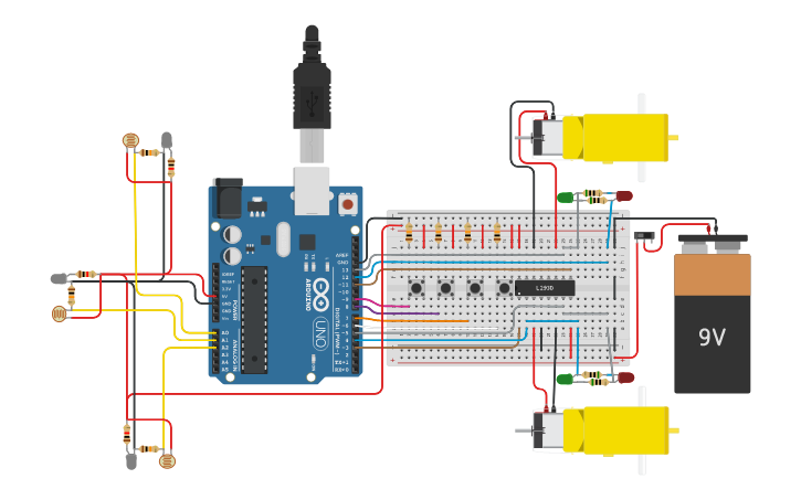 Circuit design Mobile Robot - DC motors + IR sensors - Tinkercad