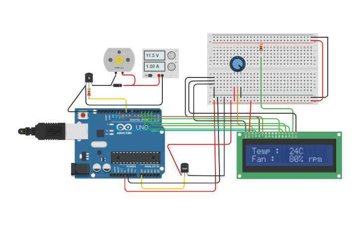 Circuit design Temperature Controlled Fan - Tinkercad