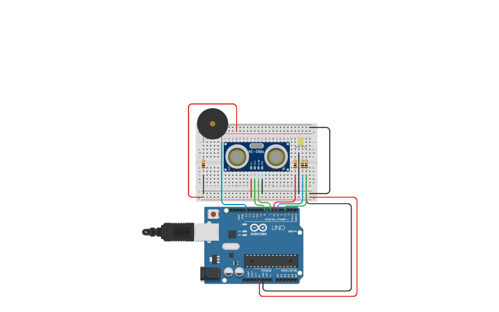 Circuit design RGB LED + Ultrasonic Sensor and Piezo - Tinkercad
