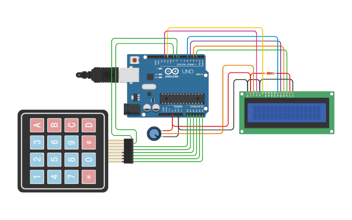 Circuit design Desafio 10 - Teclado e LCD | Tinkercad