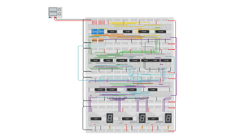 Circuit design Convert Bin to BCD three displays - Tinkercad