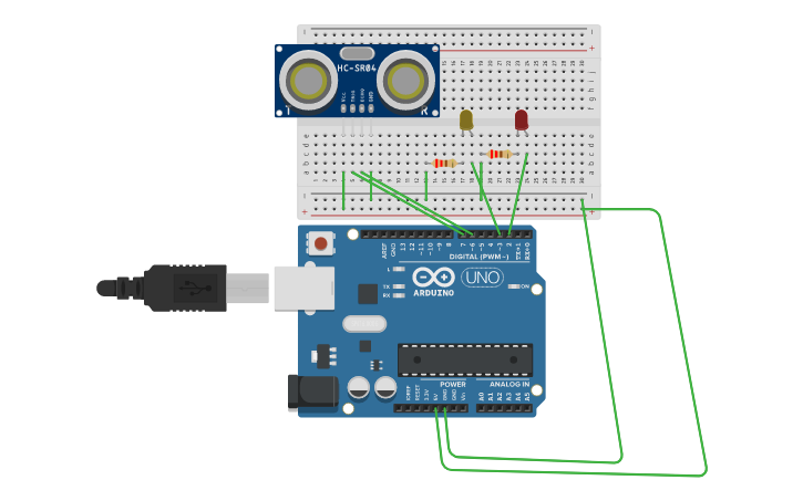 Circuit design Distance sensor exam - Tinkercad