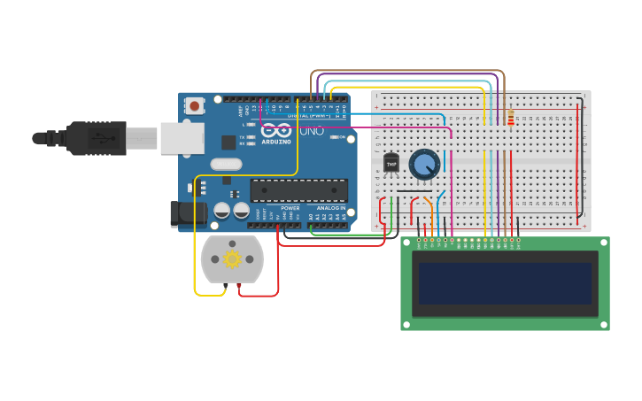 Circuit Design Tmp36 Interfacing With Arduino Along With Lcd And Dc Motor Tinkercad