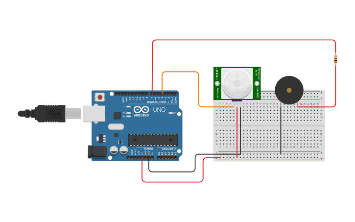 Circuit design PIR sensor with piezo | Tinkercad