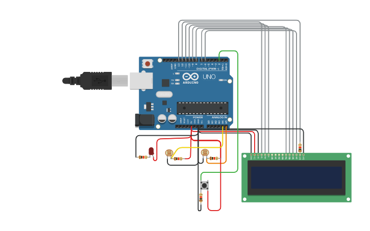 Circuit design Light Sensitive Resistor Counter with Reset Button & LCD 16x2 - Tinkercad