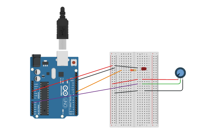 Circuit design Session 11. Potentiometer with a led - Tinkercad