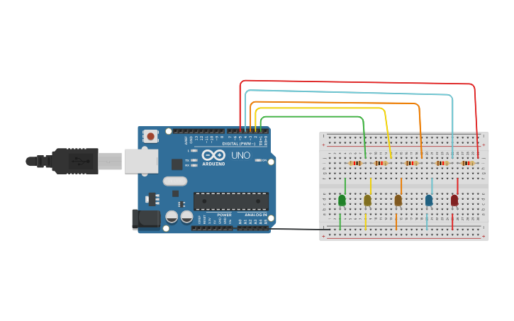 Circuit design Conectar 4 leds a un arduino - Tinkercad