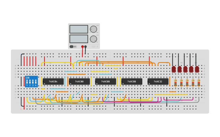 Circuit design Binary to BCD - Tinkercad