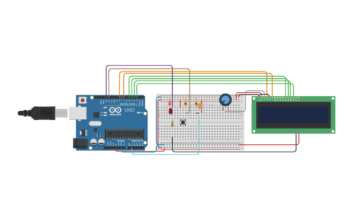 Circuit design LCD with photo resistor, button, LED - Tinkercad