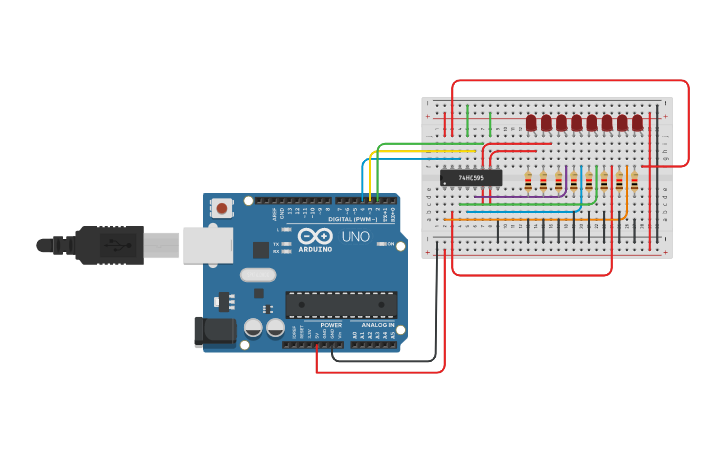 Circuit design 8 bit shift register - Tinkercad