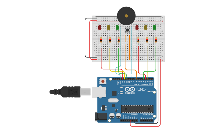 Circuit design Semaforo con suono | Tinkercad