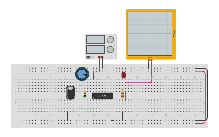 Circuit design blink 74hc14 | Tinkercad