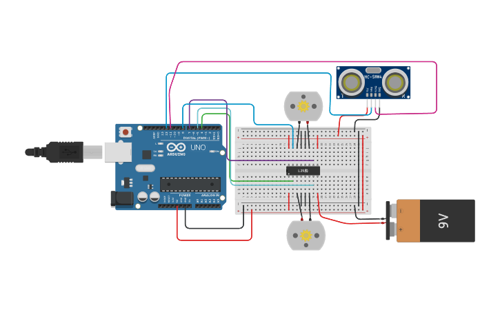 Circuit design Carrito con sensor ultrasonico - Tinkercad