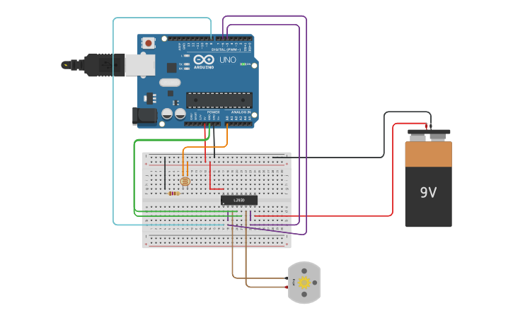 Circuit design LDR controlled motor - Tinkercad