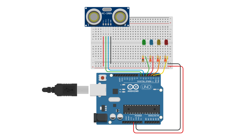 Circuit design LED Light With Ultrasonic Distance Sensor - Tinkercad