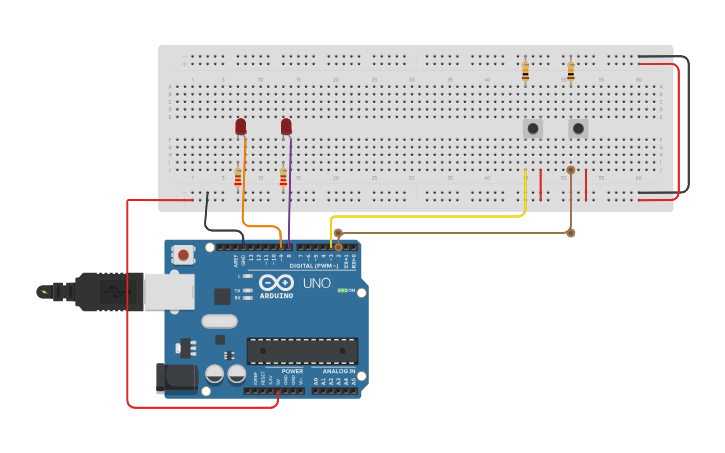 Circuit design 2 BUTON 2 LED | Tinkercad