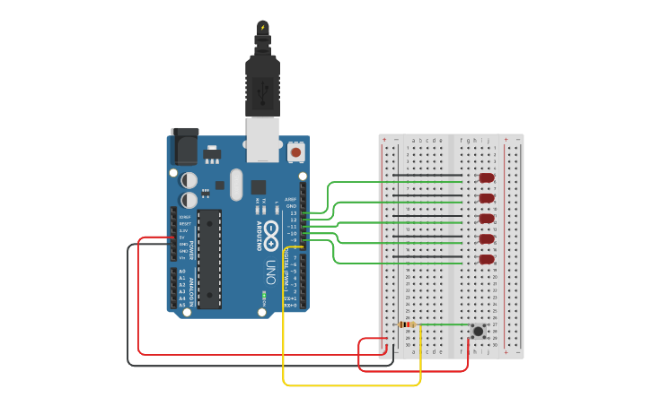 Circuit design BLINKING SEQUENCE WITH PUSH BUTTON - Tinkercad Circuit design BLINKING SEQUENCE WITH PUSH BUTTON - Tinkercad