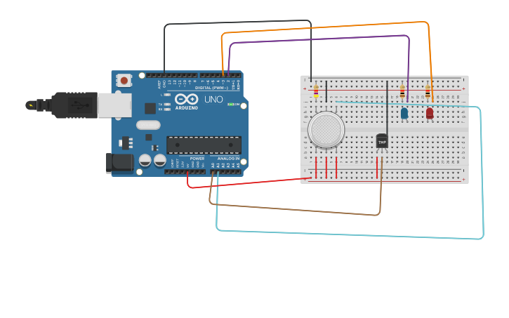 Circuit design Gas Detection & Temperature Sensor | Tinkercad
