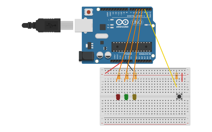 Circuit design Semaforo con Pulsador - Tinkercad