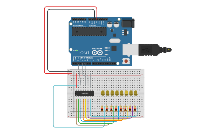 Circuit design 8 BIT COUNTER WITH 74HC595 | Tinkercad