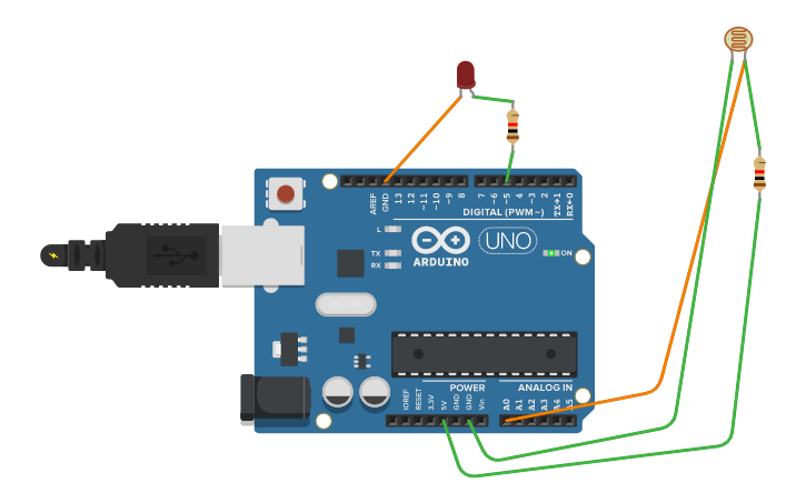 Circuit design Photo-resistor and LED - Tinkercad