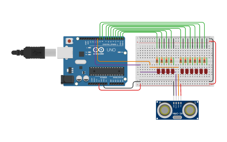 Circuit design Ultrasonic sensor and LED | Tinkercad