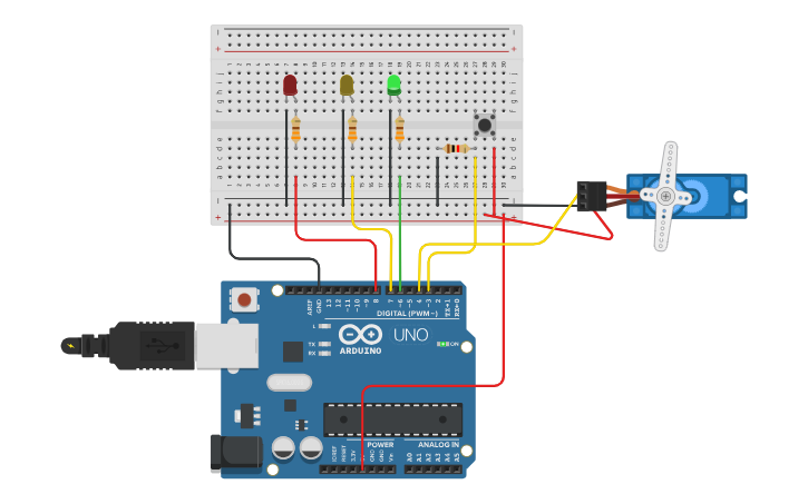 Circuit design Semaforo con pulsador y barrera - Tinkercad