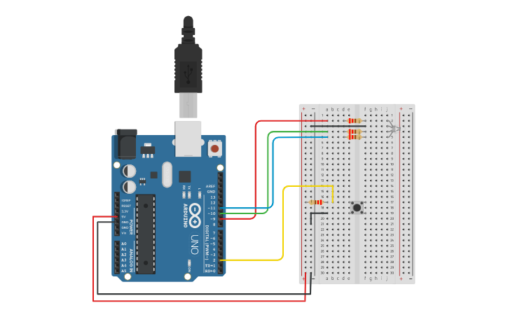 Circuit design Guía de Trabajo 7 - LED RGB y Push Button-226D | Tinkercad